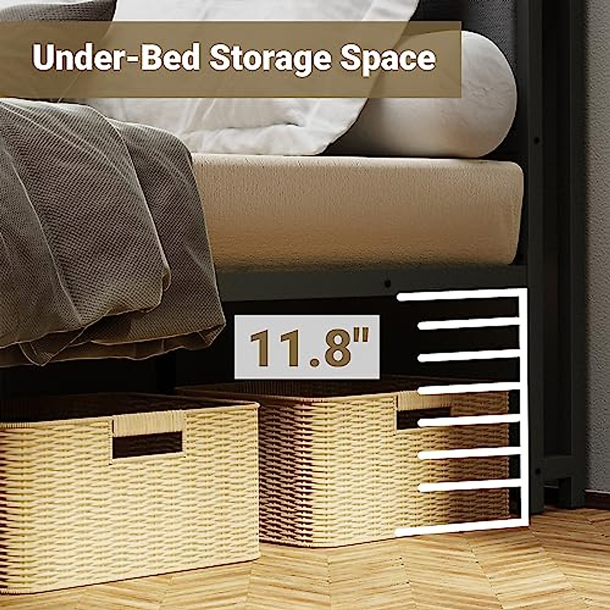 Zevemomo Queen Bed Frame, Queen Size Metal Platform Bed Frame with 2-Tier Storage Upholstered Headboard and Power Outlets, USB Ports Charging Station/No Box Spring Needed/Noise-Free/Easy Assembly