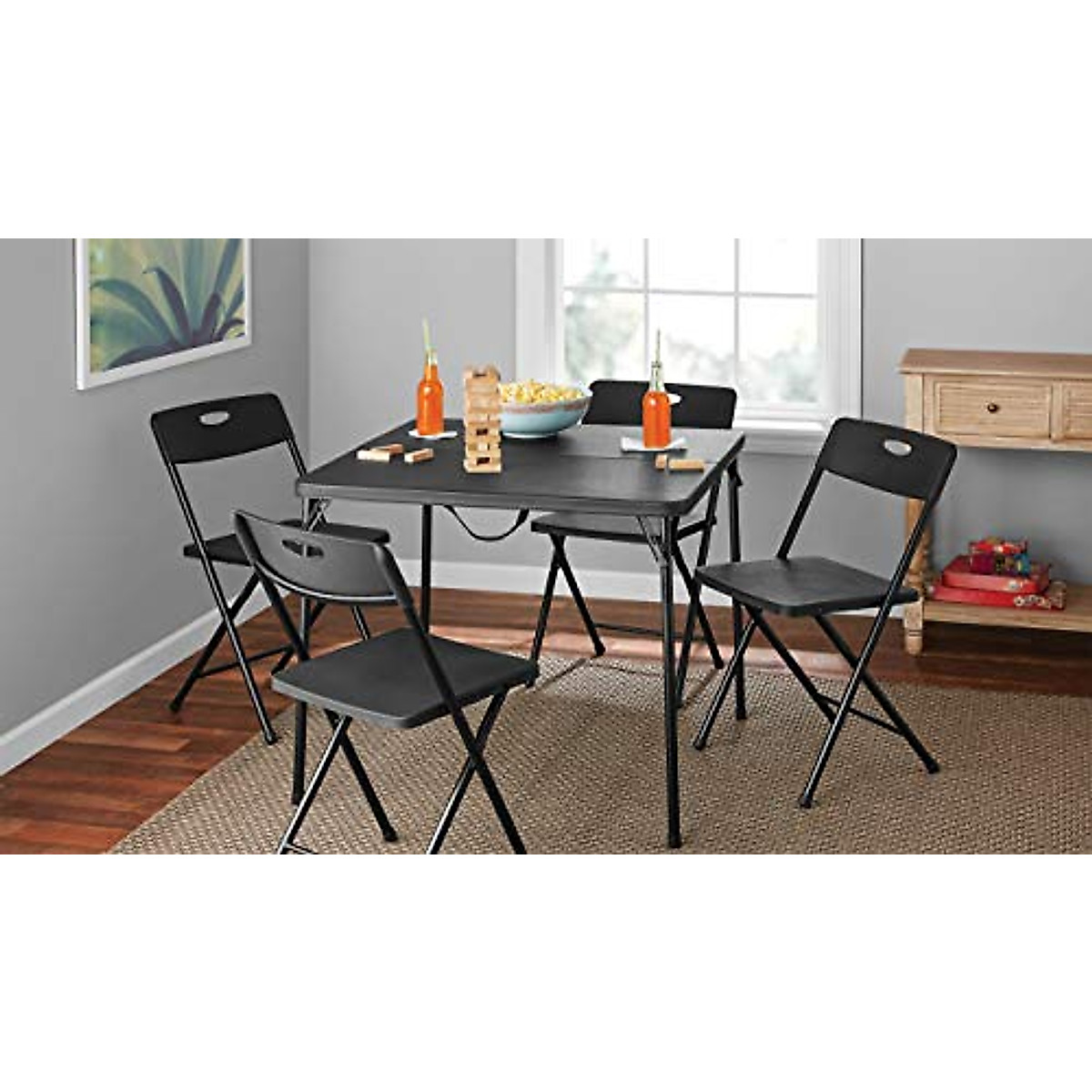 VA Mainstays 5 Piece Resin Plastic Card Table and Four Chairs Set, Black