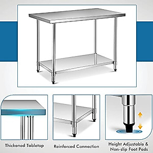 Giantex 48 x 30 Inches Stainless Steel Food Prep Table, Heavy Duty Commercial Kitchen Metal Table with Adjustable Lower Shelf and Plastic Feet, Steel Work Prep Table for Restaurant Home