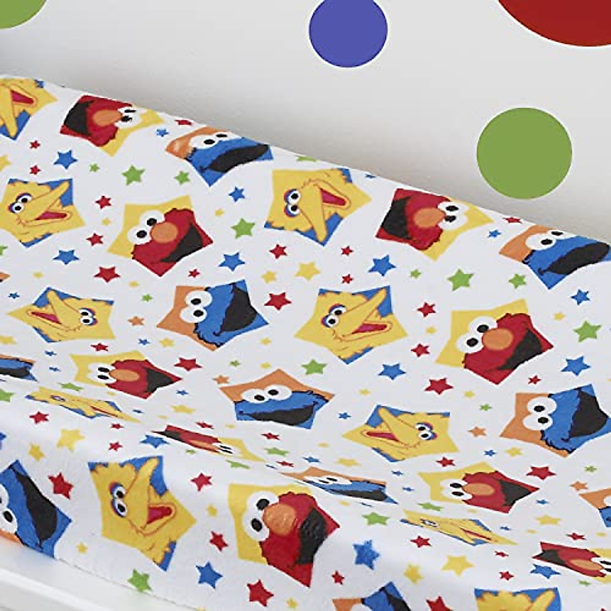 Sesame Street Elmo, Big Bird, & Cookie Monster Red, Yellow, Blue & White with Stars Super Soft Changing Pad Cover, Red, Blue, Yellow, Green