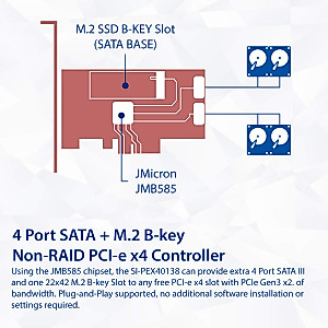 IO Crest SI-PEX40138 Internal 4 Port Non-Raid SATA III 6GB/S with M.2 B-Key 22x42 Pci-E X4 Controller Card for Desktop PC Support SSD and HDD with Low Profile Bracket. JMB585 Chipset