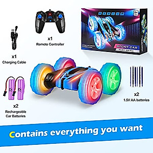 Flymevac Remote Control Car, 360° Rotating RC Stunt Cars with Wheel Lights and Headlights,4WD 2.4Ghz Double-Sided Fast and Flips RC Cars for 6-12 Year Old Kids Xmas Toy Cars Gift for Boys Girls(Blue)