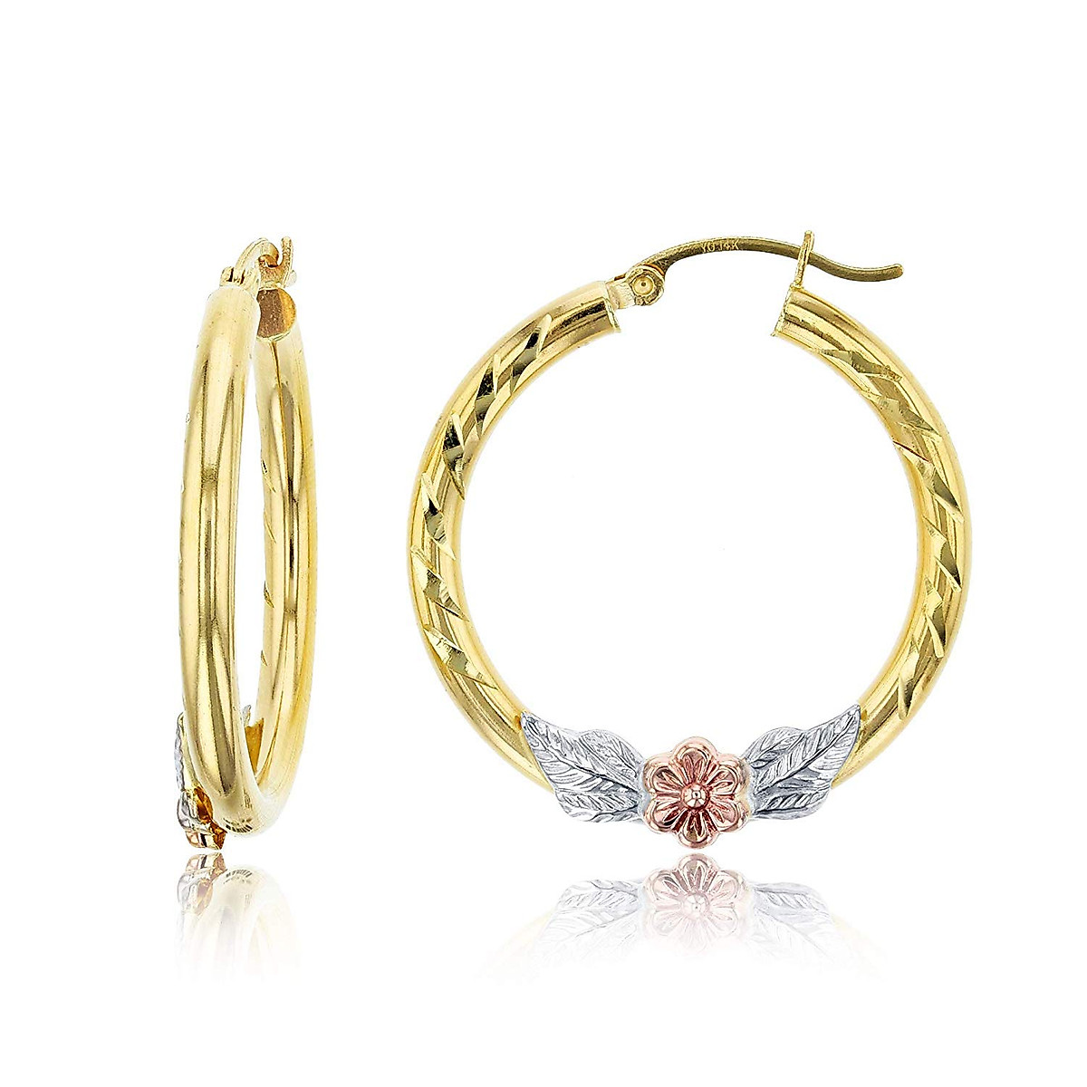 14K Tricolor Diamond Cut Gold Flower Hoop Earrings | 3x30mm Hoop | Earrings For Sensitive Ears | Tricolor Hoops | Small Hoop Earrings | Solid Gold Earrings For Women