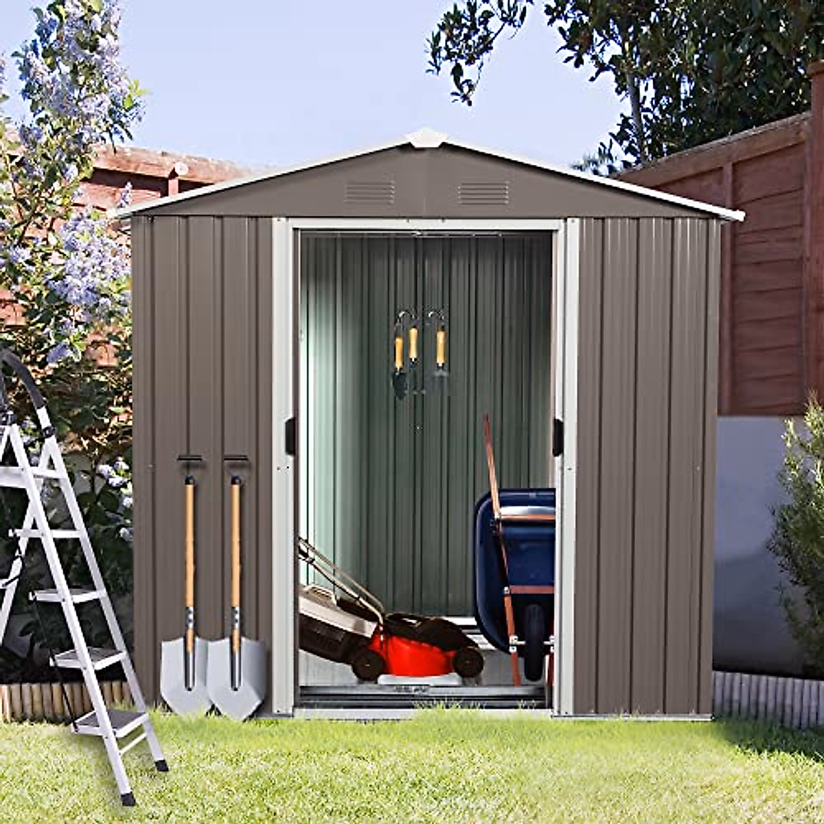 KELRIA 6ft x 5ft Outdoor Metal Storage Shed with Window, Outdoor Storage Shed with Lockable Sliding Doors, Floor Frame, Sun Protection, Waterproof Tool Storage Shed for Patio, Lawn,Backyard, White