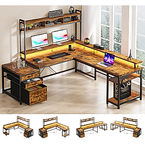 EnHomee L Shaped Desk with Drawers Large L Shaped Gaming Desk with LED & Storage Shelf Reversible Gaming Desk with Monitor Stand Power & Outlet Wide Home Office Desks with File Cabinet Brown