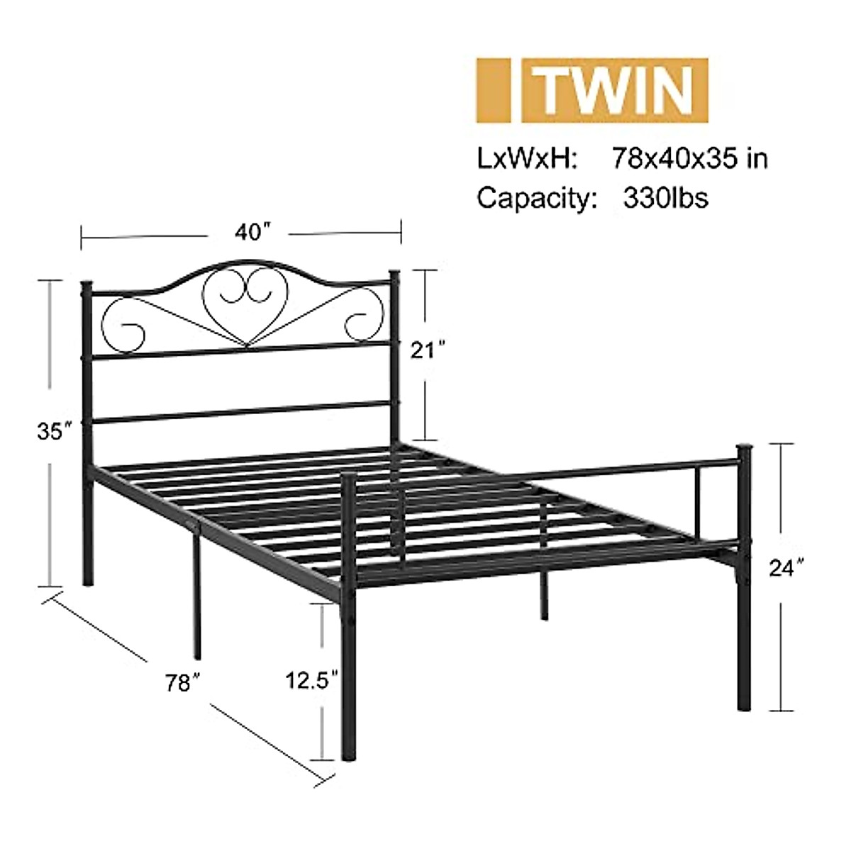 VECELO Metal Platform Bed Frame with Headboard & Footboard, Steel Slats Mattress Foundation, No Box Spring Needed, Twin, Matte Black