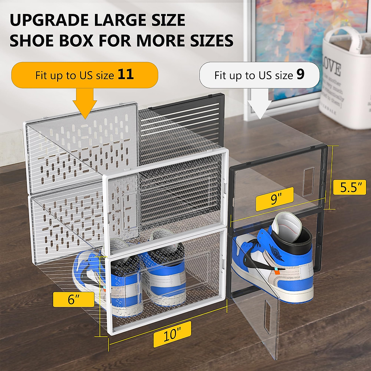 GTMOON Large Shoe Storage Boxes, 12 Pack Shoe Boxes Clear Plastic Stackable, Shoe Organizer Box for Closet, Stackable Sneaker Containers Case Bins with Lids, Great Alternative to Shoe Racks, White