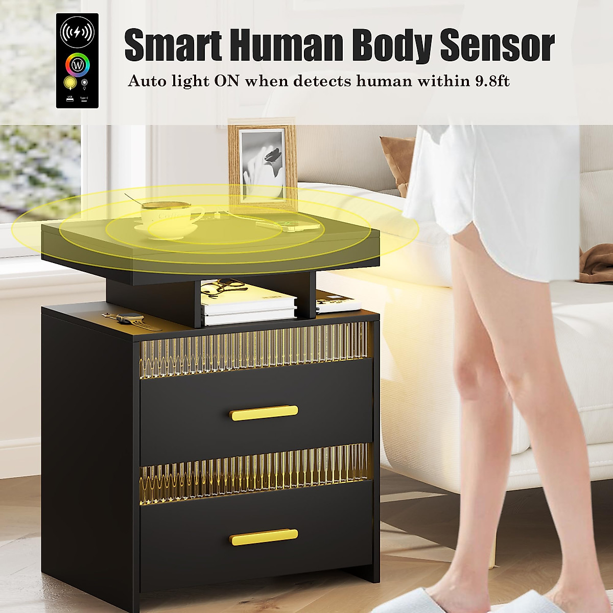 Nightstand with Charging Station and LED Lights, Night Stand with 2 Drawers, Wood Smart Bedside Table, Modern Bed Side Table for Bedroom, Black