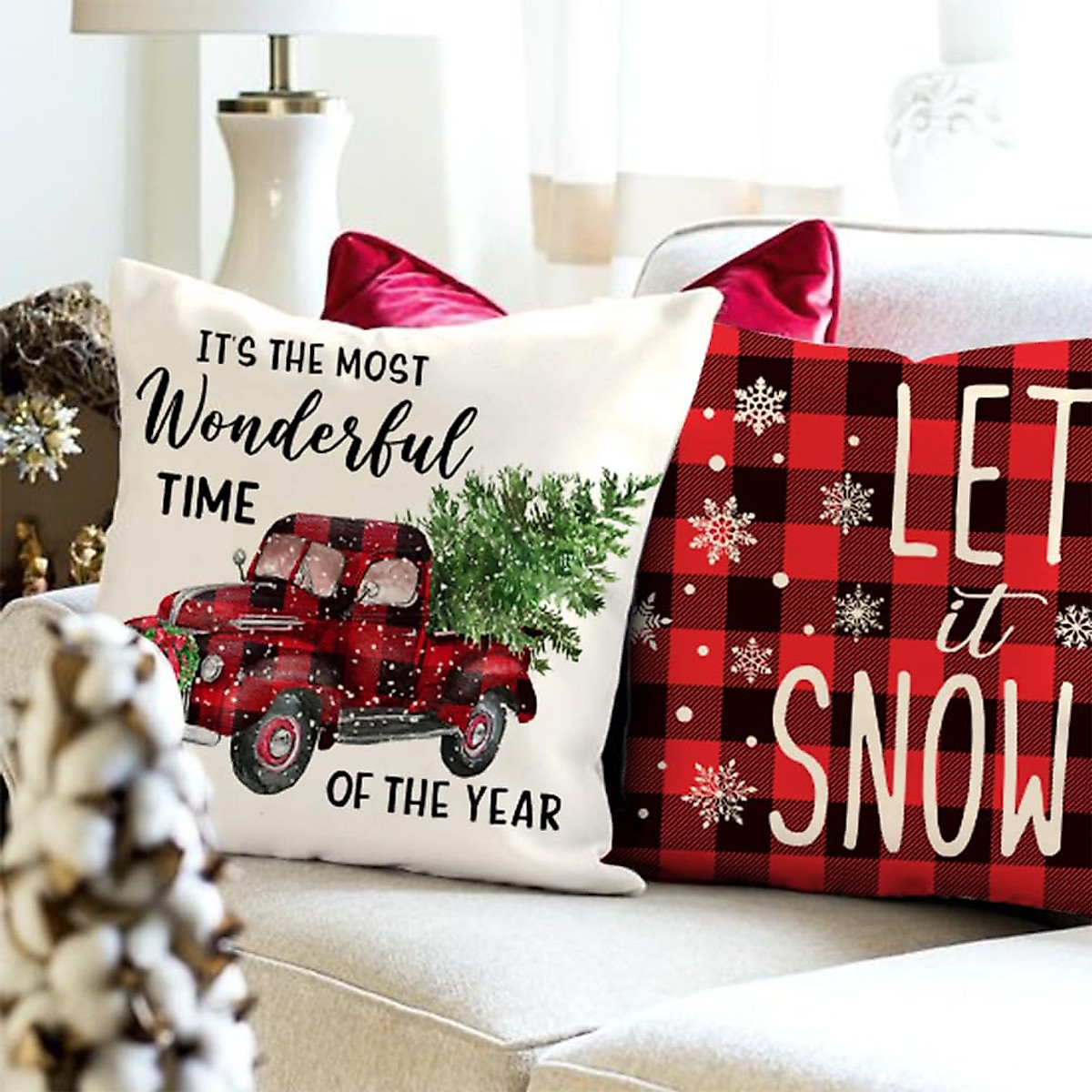 PANDICORN Christmas Pillow Covers 16x16 Inch Set of 4 Red Black Buffalo Plaid Christmas Tree Truck Outdoor Farmhouse Decorations Xmas Winter Holiday Decorative Throw Pillow Cases for Couch Home Decor