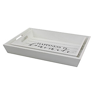 Stonebriar Decorative Rectangle Worn White Wooden Happiness is Homemade Tray Set with Handles