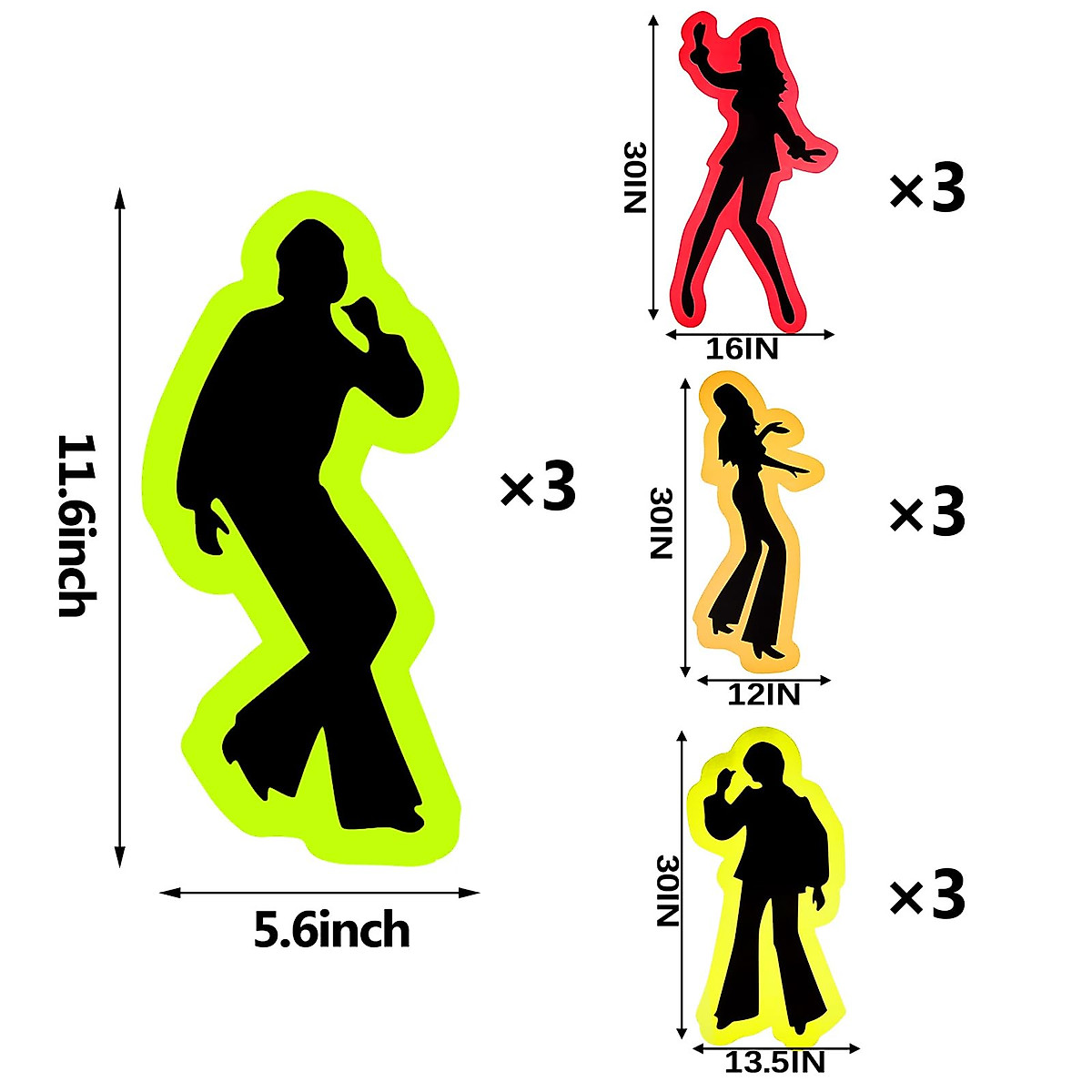 12 Pieces Retro 70s Silhouettes Dance Silhouettes Cutouts Disco Silhouette 80's Vintage Party Supplies Wall Stickers for 70s 80s Theme Party