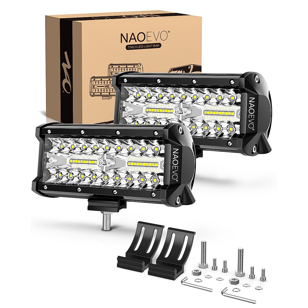 NAOEVO 7 Inch LED Light Bar, LED Off Road/Fog/Driving Lights LED Pods with Spot Flood Combo, LED Work Lights for Truck Boat UTV ATV, 2-Pack (White)