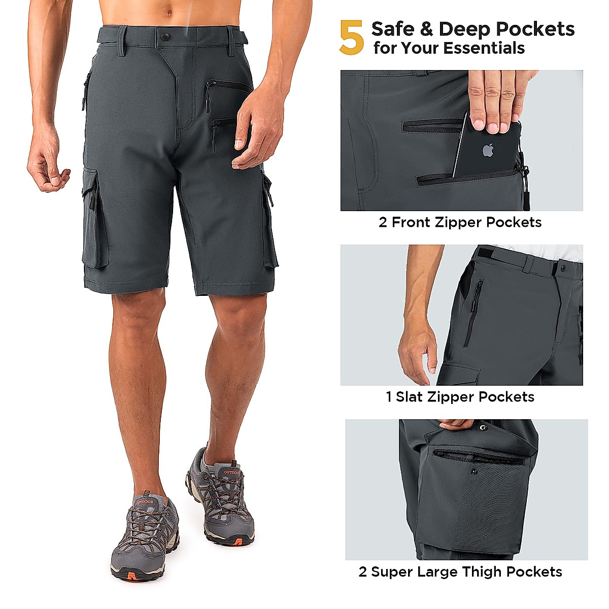 Wespornow Men's-Hiking-Shorts Tactical Shorts Lightweight-Quick-Dry-Outdoor-Cargo-Casual-Shorts for Hiking Cycling (Dark Grey,L)