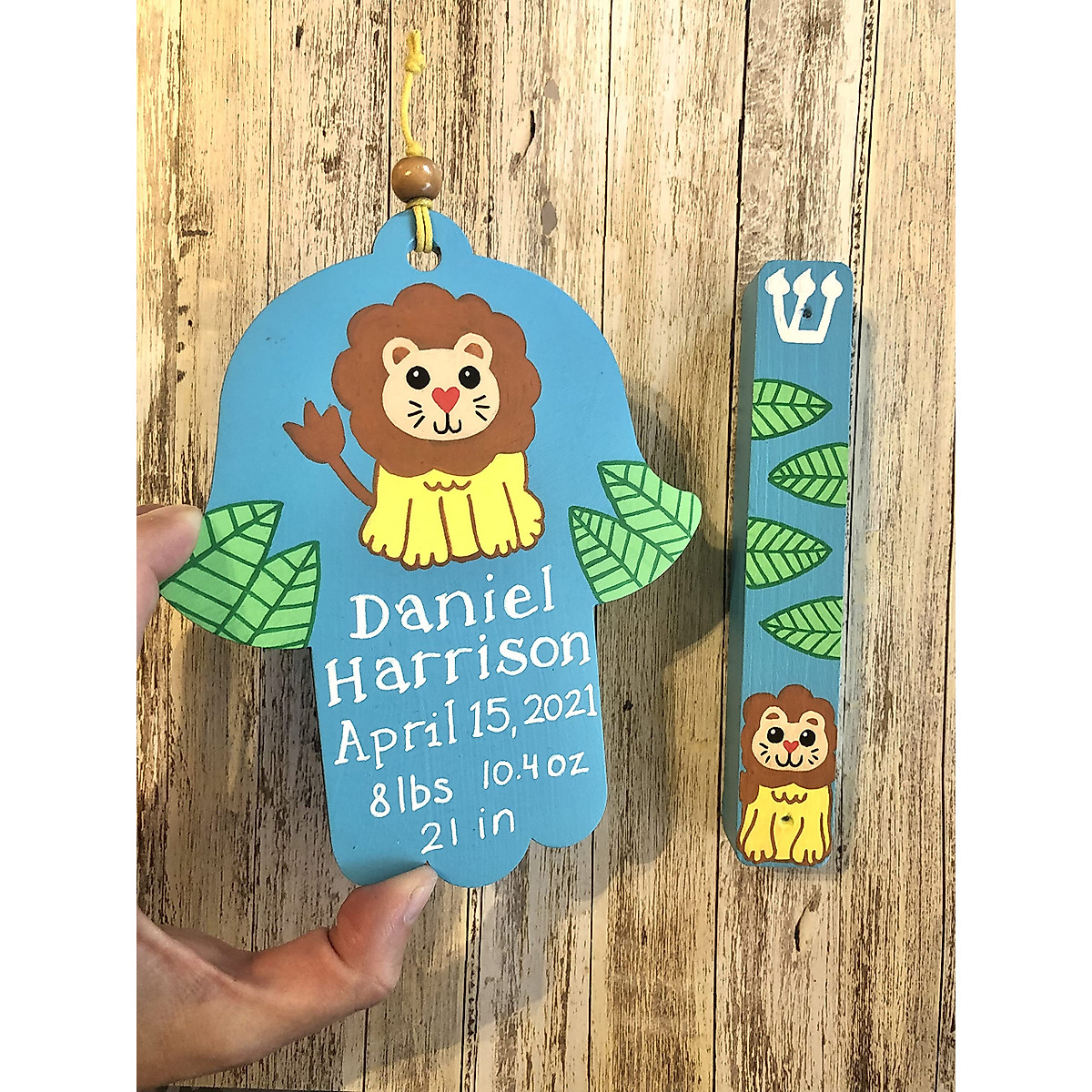 Hamsa and Mezuzah, Personalized Newborn Baby Boy Naming Bris Gift, Jungle Lion Design