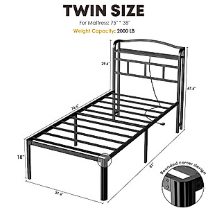 YORMDMO Twin Bed Frame - Storage Headboard with Charging Station, Easy Assembly, Heavy Duty Metal Bed Frame, No Box Spring Needed, 18 Inch, Black