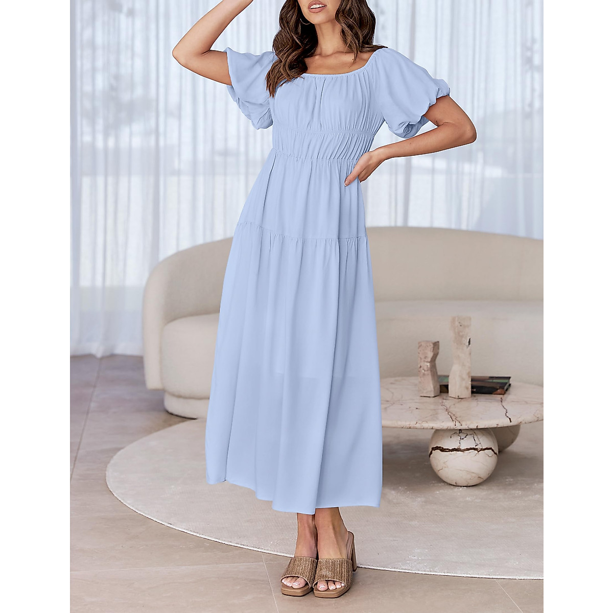 ZESICA Women's Sexy Boho Off Shoulder Puff Short Sleeve High Waist Ruffled Flowy A Line Beach Party Midi Dress,Blue,Medium