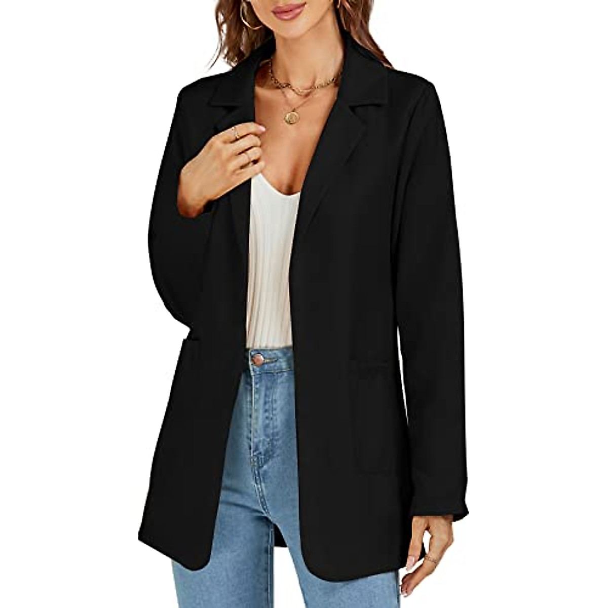 LYANER Women's Casual Long Sleeve Work Office Suit Cardigan Blazer Jackets with Pockets Black Small