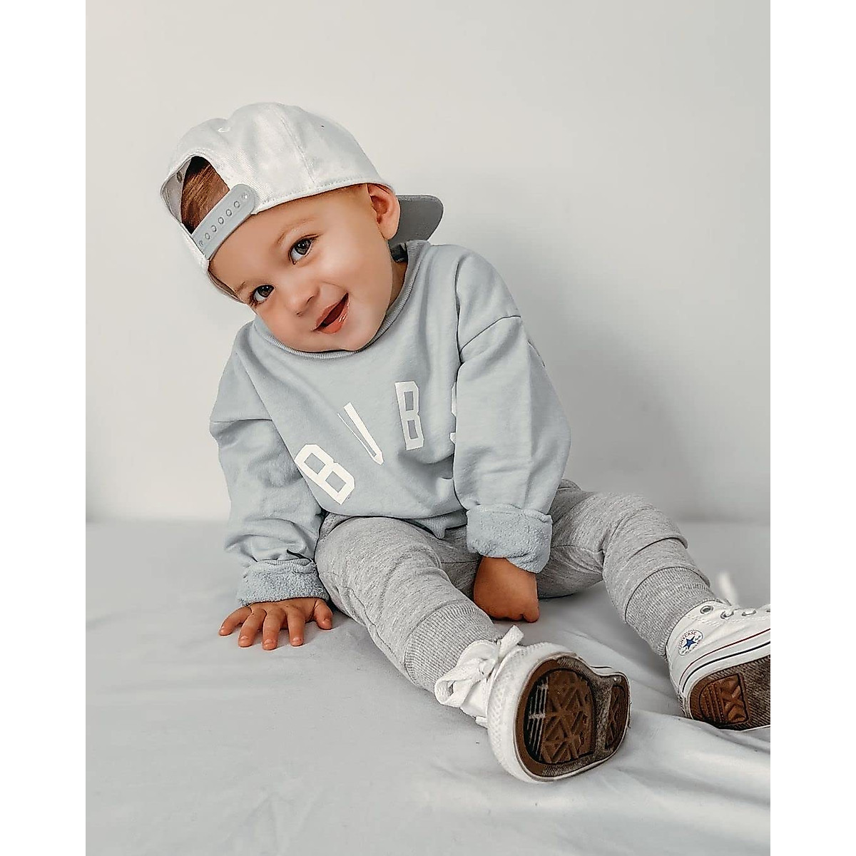 Baby Boy Clothes Outfits 2pcs Letter Print Crewneck Sweatshirt Pants Sweatsuit Little Boy Clothing(Bubs Blue, 6-12 Months)