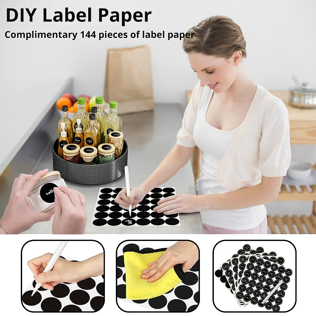 Beacron Lazy Susan, Premium Stainless Steel Lazy Susan Organizer, 11 inches Round 360 Degree Rotating Lazy Susan Turntable for Cabinet with 1 Marker and 180 Spice Labels for Kitchen Pantry Countertop