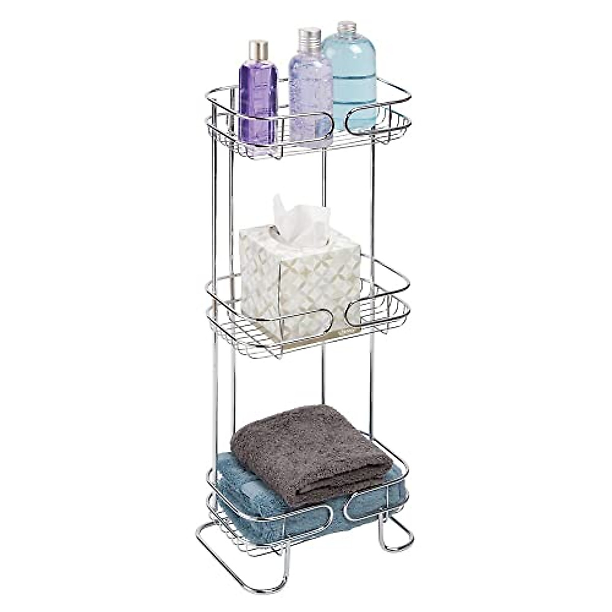 mDesign Rectangular Metal Bathroom Shelf Unit - Free Standing Vertical Storage for Organizing and Storing Hand Towels, Body Lotion, Facial Tissues, Bath Salts - 3 Shelves - Chrome