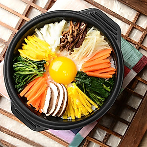 laffoonparts Korean Cooking Stone Pot Set, Premium Ceramic, D 6.3'' Stone Bowl Sizzling for Bibimbap and Soup, Korean Bibimbap Pot w/Tray & Stainless Steel Spoon No Lid