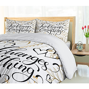 Ambesonne Romantic Duvet Cover Set, Foliage Pattern Frame Style Heart Shapes and an Inspirational Words, Decorative 3 Piece Bedding Set with 2 Pillow Shams, King Size, Sepia Peach Black