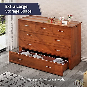 ijuicy Cabinet Murphy Beds with Built-in Charging Station, Solid Wood Cabinet Chest Bed with Folding Mattress, Murphy Cube Chest Bed with Large Drawer for Guest Room, Office-Queen, Cherry