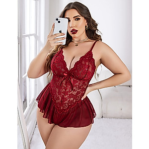 Avidlove Plus Size Women Lingerie Bodysuit Sexy Lace Teddy One Piece Babydoll Chemise L-4XL Dark Red