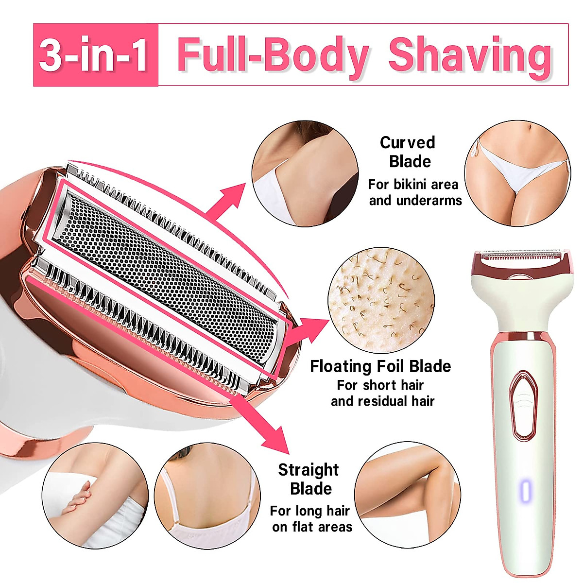 Electric Lady Shaver, Women Razors for Shaving Cordless 4-in-1 Painless Shaver for Women Face, Legs and Underarm, Portable Bikini Trimmer Wet & Dry Hair Removal, Cordless - Micro USB Rechargeable