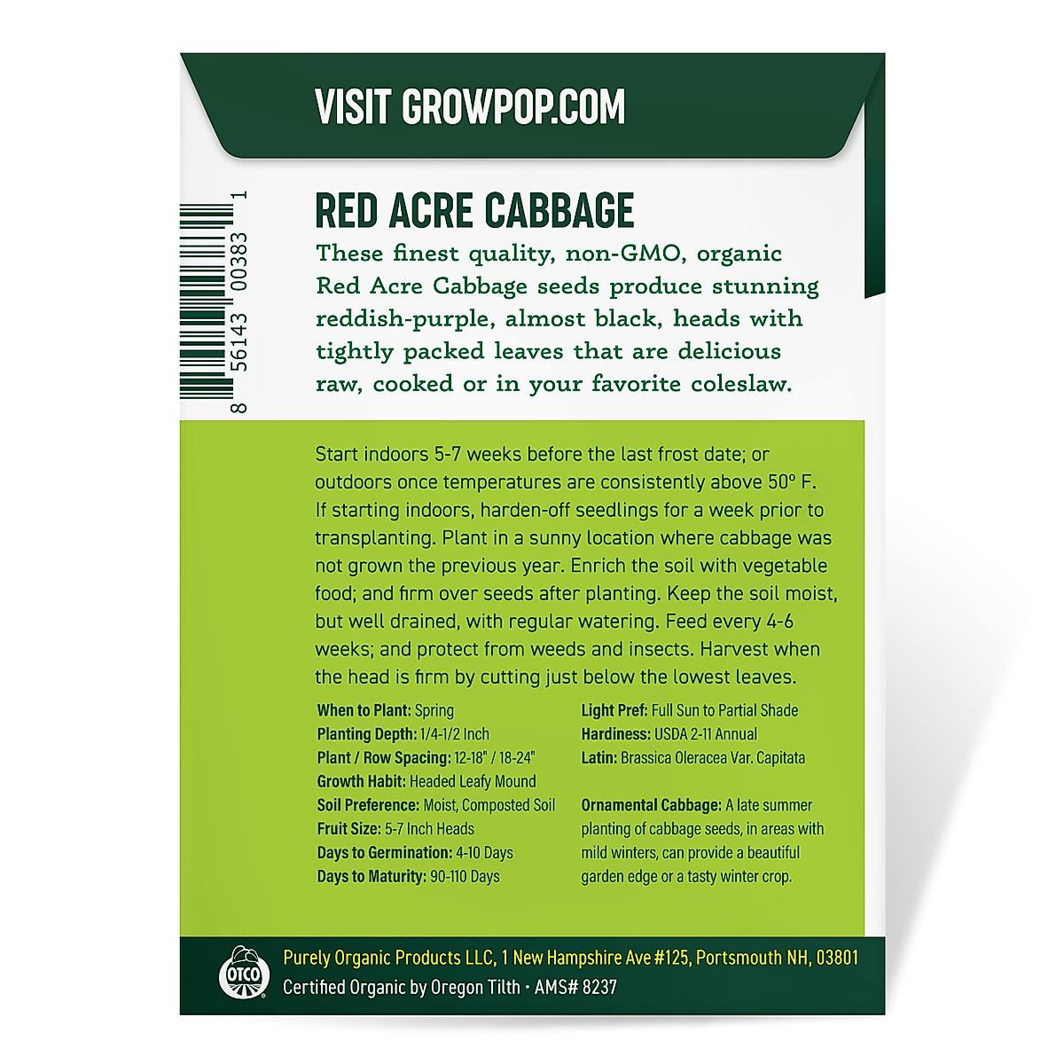 Organic Cabbage Seeds (Red Acre) - Approx 750 Seeds - Certified Organic, Non-GMO, Open Pollinated, Heirloom, USA Origin