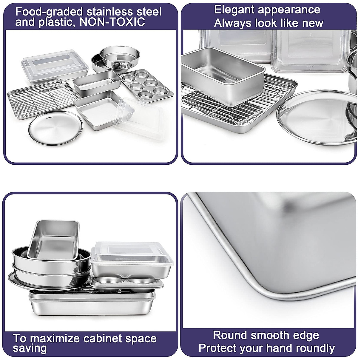 12-Piece Stainless Steel Baking Pans Set, P&P CHEF Kitchen Bakeware Set, Include Baking Sheet with Rack, Round/Square Cake Pan, Lasagna Pan, Loaf Pan, Muffin Pan, Pizza Tray & 2 Covers, Durable