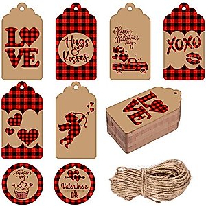 Whaline 120Pcs Valentine's Day Paper Gift Tags Red Black Plaid Heart Love Hanging Name Tags with 66ft Twine for Wedding Anniversary DIY Gift Crafts Wedding Party Favor, 8 Designs