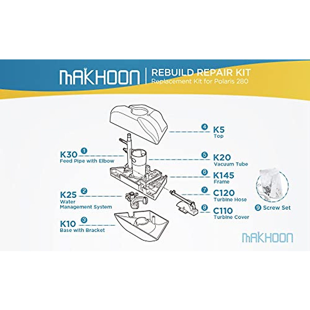 MAKHOON Rebuild Repair Kit Replacement for Automatic Pool Cleaner Polaris Zodiac 280 (Not Compatible with Polaris 360 380)