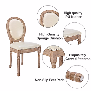 Nrizc French Country Dining Chairs Set of 4, Leather Farmhouse Dining Room Chairs with Round Back, Solid Wood Legs, Oval Side Chairs for Kitchen/Bedroom/Dining Room