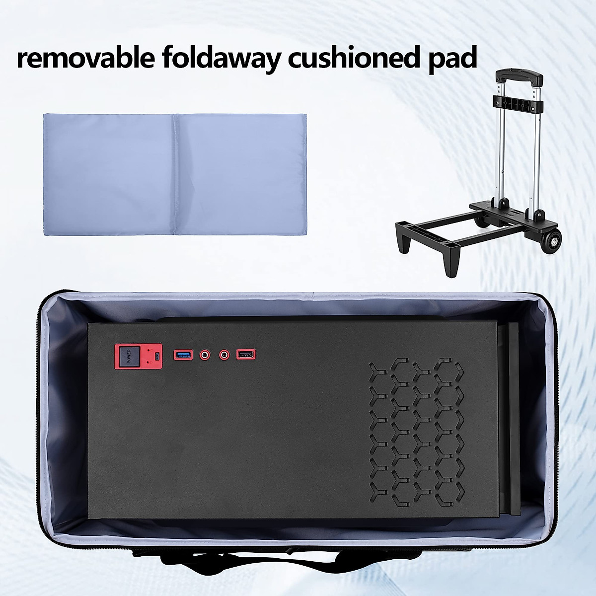 CURMIO PC Carrying Case on Wheels, Desktop Travel Bag with Detachable Trolley for PC Tower, Keyboard and Mouse, Gray (Bag Only, Patented Design)
