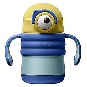 bc babycare Kids Water Bottle, Stainless Steel Baby Sippy Cup with Straw, 9.8oz Kids Insulated Bottles for 1 Year Old, Cute Cartoon Leakproof Insulated Bottles Keep Water Cold 12 h+With Handles