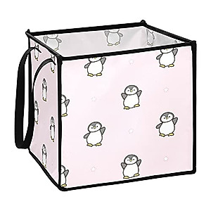 KEEPREAL Pink Background Penguin Cube Storage Bin with Handles, Large Collapsible Organizer Storage Basket for Home Decorative(1Pack,13 x 13 x 13 in)