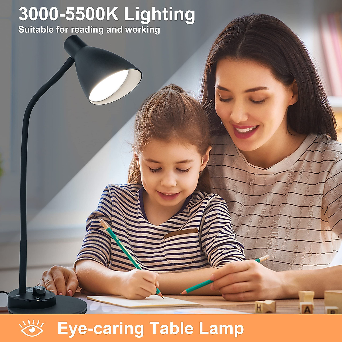 LiFMIRA Small Desk Lamp with USB Charging Port 3 Color Modes Light Induction Smart Auto-Dimming Reading Light CRI 90+ Flexible Gooseneck Desk Lamps for Home Office Dorm Study Room AC Adapter Included