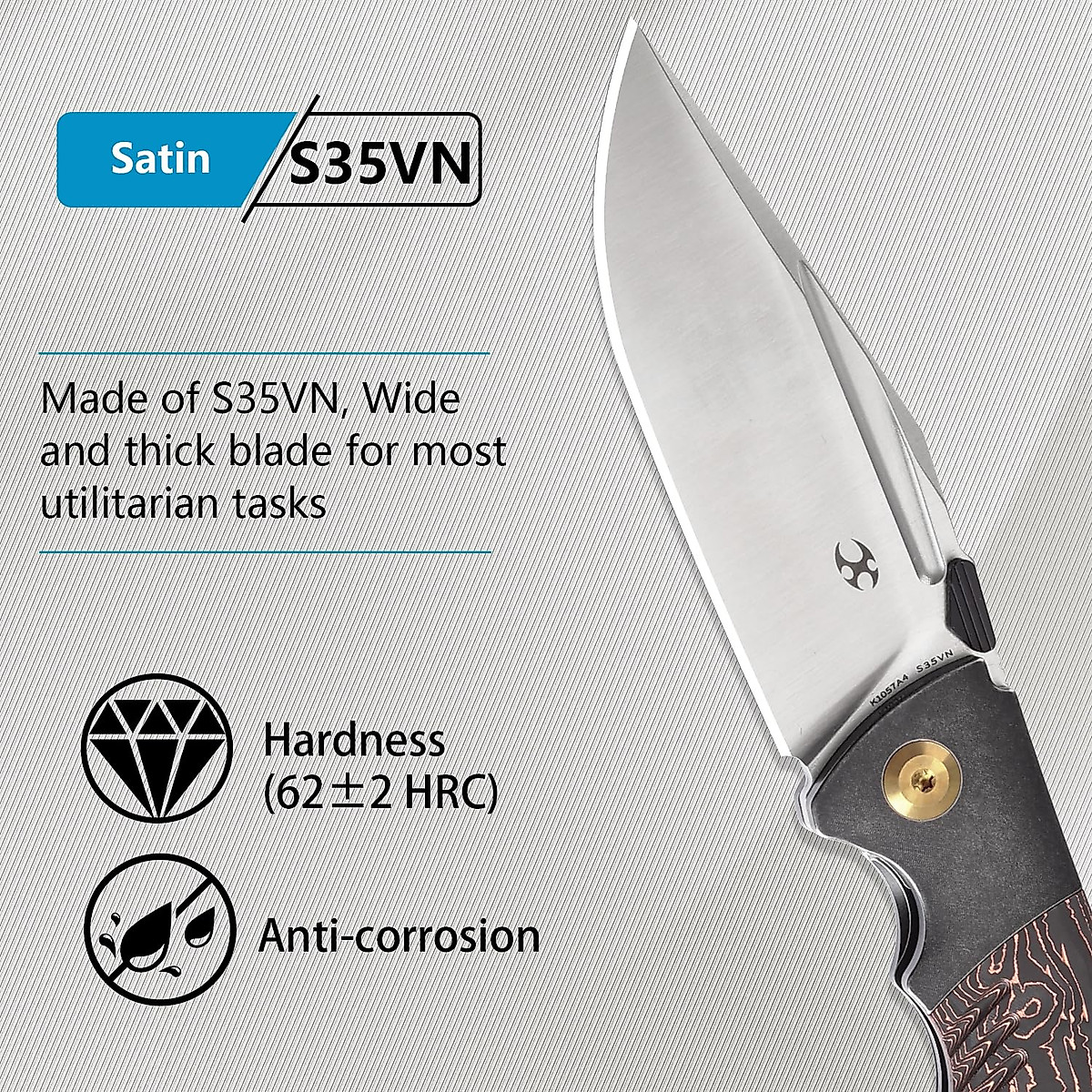 KANSEPT Hinterland Pocket Folding Knives for Men EDC Camping Folding Knife 3.58'' Satin CPM S35VN Blade Pocket Knife with Blackwash Titanium + Copper Carbon Fiber Inlay Handle Everyday Carry K1057A4