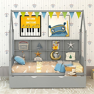 Bellemave Twin Size House Bed with Trundle and Storage Shelves, Montessori Bed Wood Playhouse Bed Frame,Wooden Kids Bed Frame with Roof Design(Twin,Gray)