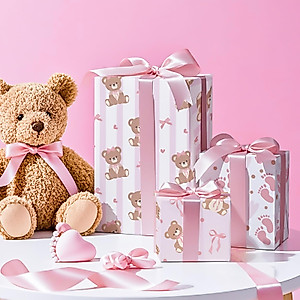 WRAPAHOLIC Baby Shower Wrapping Paper Roll - Mini Roll - 3 Rolls - 17 Inch X 120 Inch Per Roll - Butterfly Girl, Little Bear, Moon, Stripe Design for Kids