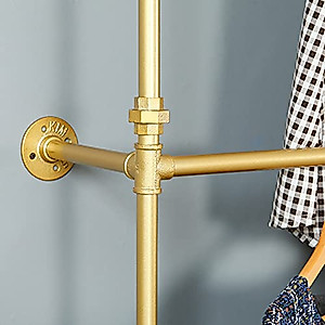 FURVOKIA Modern Simple 2 Tier Industrial Pipe and Wood Garment Rack,Wall Mounted Double Hanging Rods Clothing Rack,Retail Display Storage Clothes Hanging Shelves (One Shelves,Gold, 47.2" L)