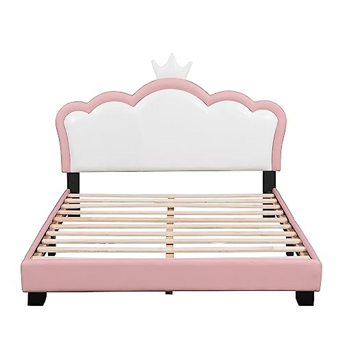 GYYBED Full Size Upholstered Princess Bed with Crown Headboard,Full Bed Frames for Girls Full Bed Frame Girl Full Size Bed Frames for Girls Full Bed Frames for Kids (White+Pink, Full)