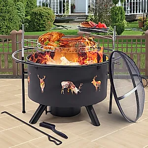 NATURAL EXPRESSIONS 32 Inch Large Fire Pit with 2 Grills, Outdoor Wood Burning Fire Pit with Cooking Grate, Lid, Poker and Round Waterproof Cover for Patio, Ourside, Bonfires, Picnic, Party.