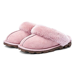 WaySoft Genuine Australian Sheepskin Women Slippers, Water-Resistant Warm and Fluffy Outdoor House Slippers for Women (8, Pink, numeric_8)