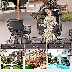 NICESOUL® 3 Seats Outdoor Chair Set Round Table Oversized Stationary Egg Chair Boho Style Handwoven PE Wicker Patio Conversation Large Egg Backyard Pool Grey Wicker 4 Pieces Set