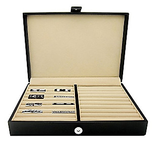 HONEY BEAR Men/Women's Cufflinks Jewelry Box - Faux Leather Display Case Storage Organizer Black, for Rings Earrings Tie Clips