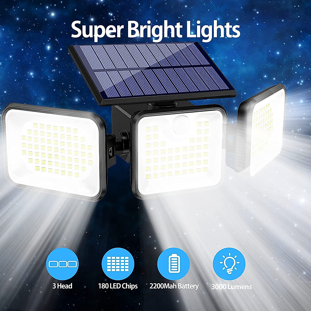 Aigleya Solar Outdoor Lights, 3000LM180 LED Motion Sensor Outdoor Lights 3 Heads Solar Security Lights IP65 Solar Flood Lights,270° Wide Angle Luces Solares para Exteriores with 3 Modes(2 Packs)