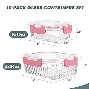 KOMUEE 10 Packs Glass Meal Prep Containers with Lids, Glass Food Storage Containers Set, Airtight Lunch Containers, Microwave, Oven, Freezer and Dishwasher Safe, Pink