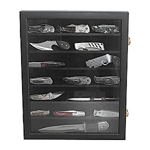 DisplayGifts Knife Display Case Pocket Knife Display Stand Military Folding Knife Shadow Box Wall Cabinet with UV Protection Glass Door Lockable, Great Way to Store and Display, Black Frame